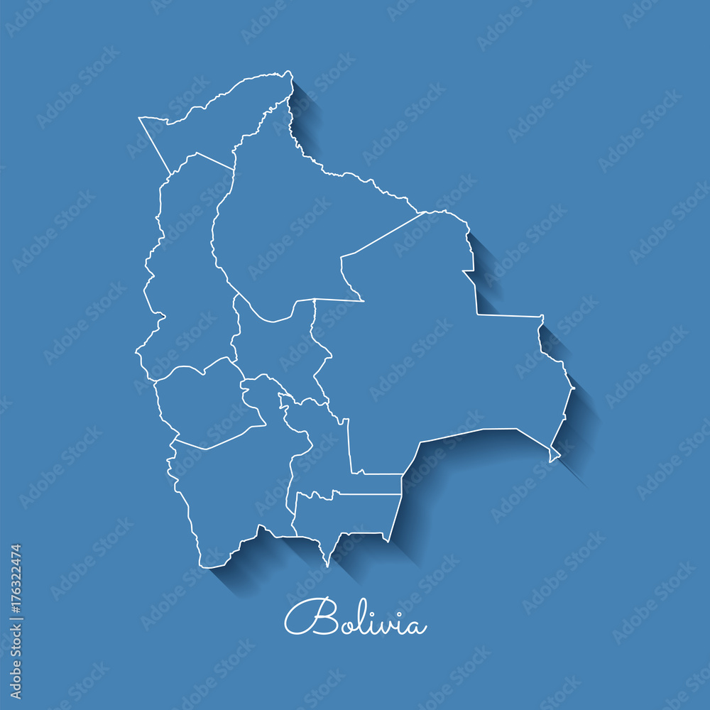 Bolivia region map: blue with white outline and shadow on blue ...