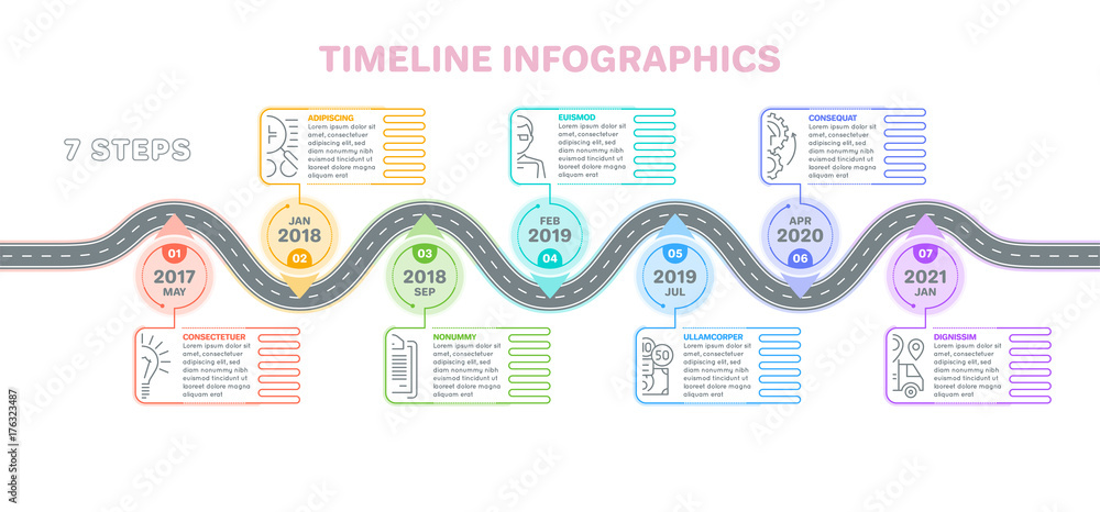 Navigation map infographics 7 steps timeline concept. Creative f Stock ...