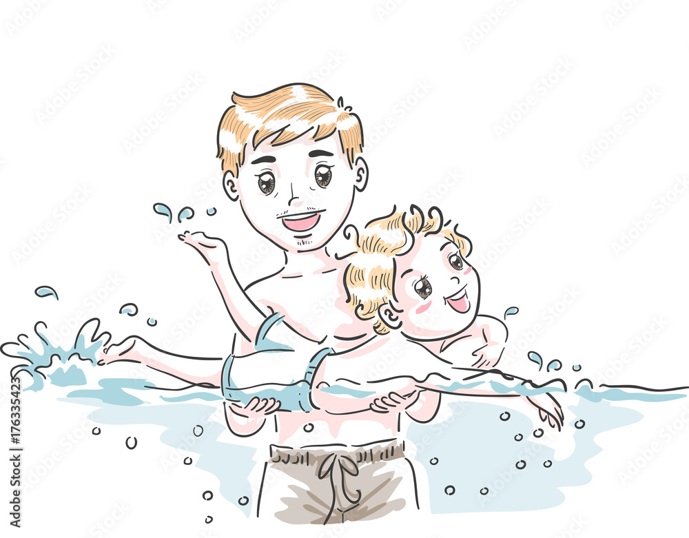 Kid Boy Dad Teach Swim Illustration Stock Vector | Adobe Stock
