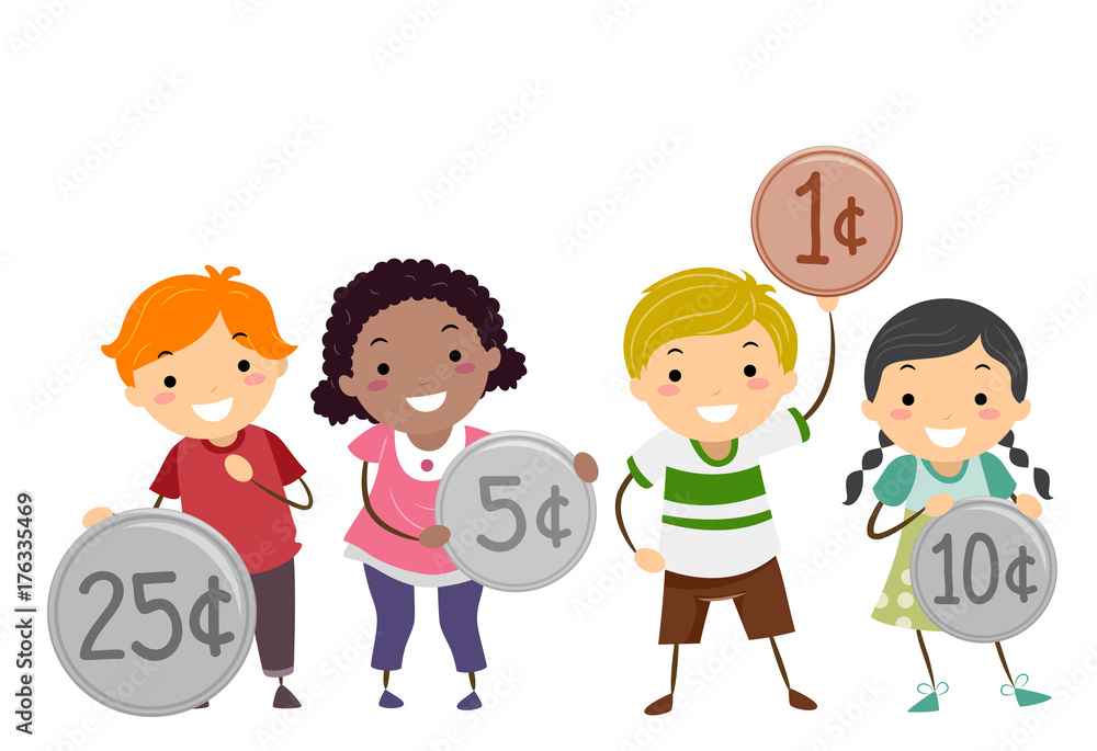 Stickman Kids Holding Coins Stock Vector | Adobe Stock
