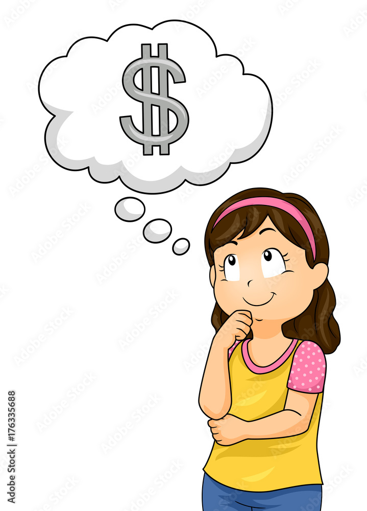 Kid Girl Think Money Illustration Stock Vector | Adobe Stock