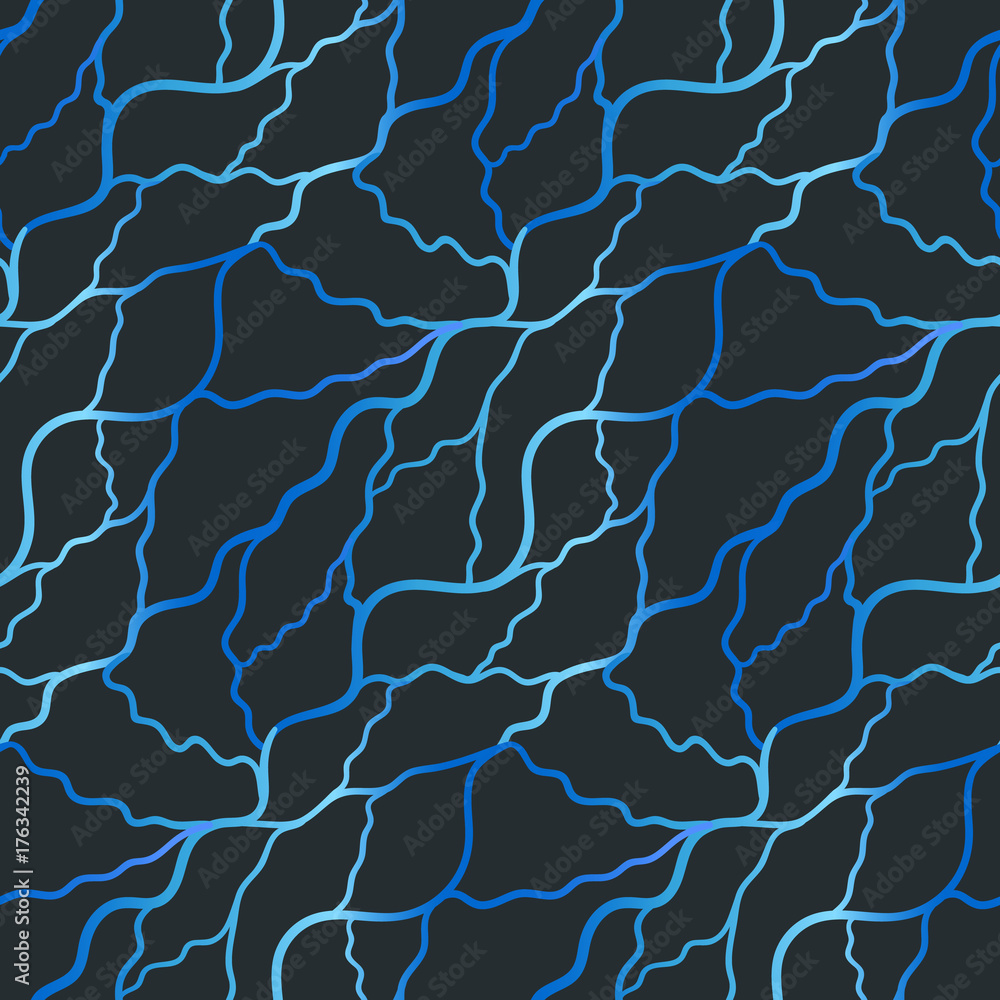 Seamless pattern with abstract irregular wavy blue grid. Dark contrast ...