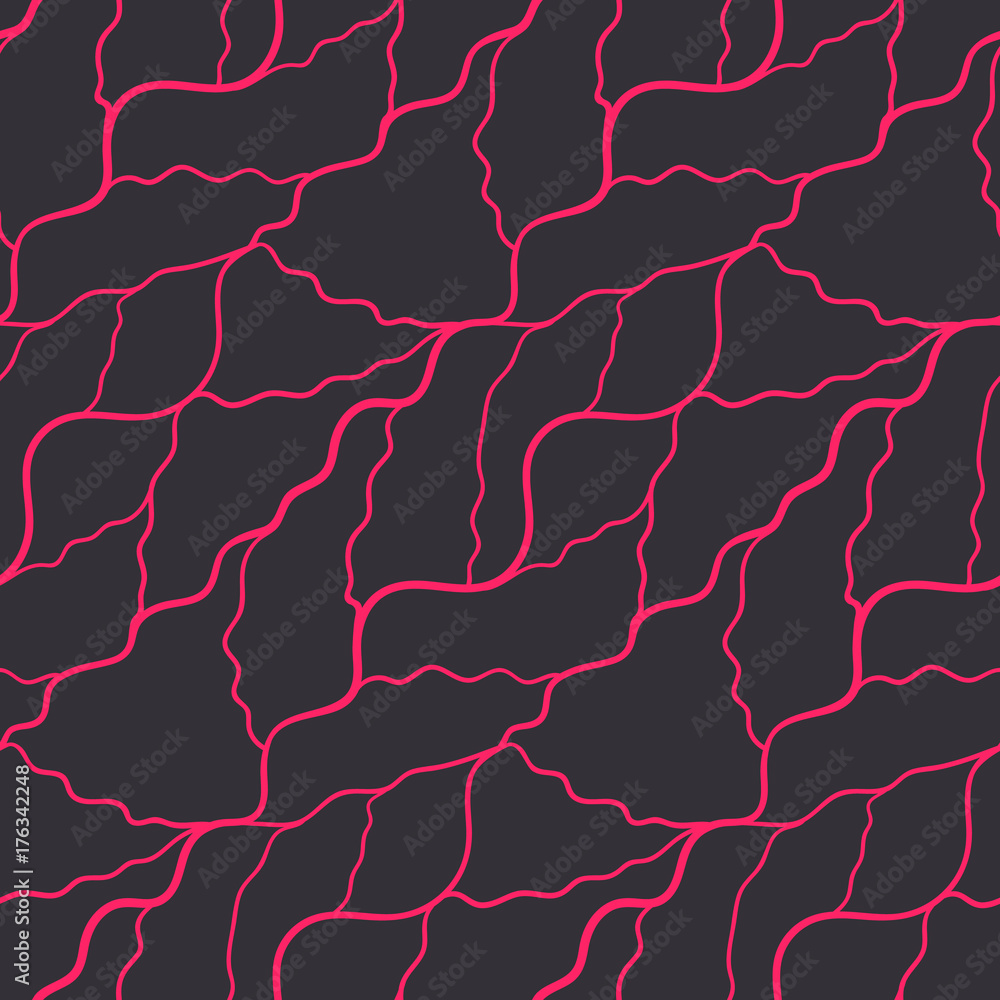 Seamless pattern with abstract irregular wavy pink grid on black ...