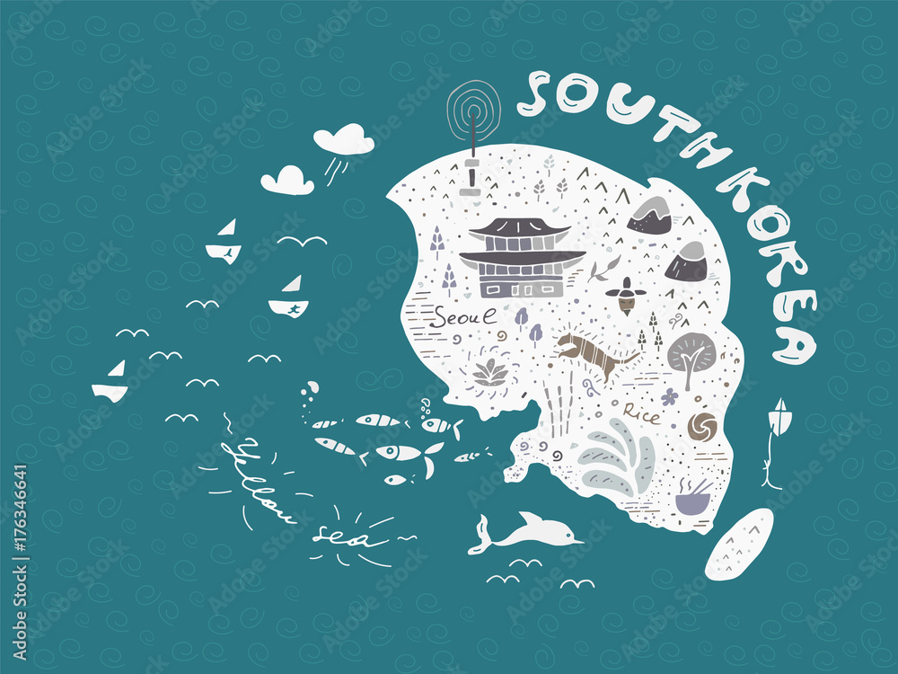 Hand drawn country map of Korea vector illustration, design. Doodle ...
