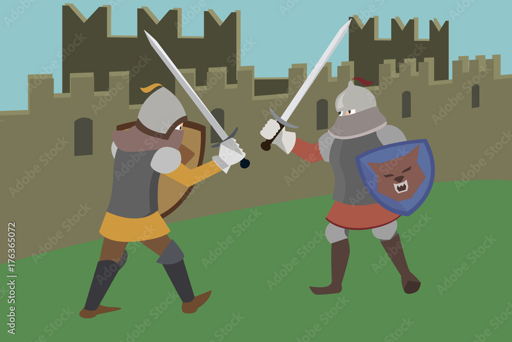 knights fighting near castle wall vector cartoon Stock Vector | Adobe Stock