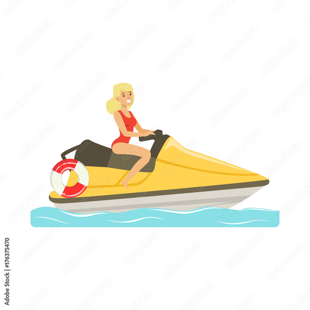 Female lifeguard in a red swimsuit driving by water motorcycle, rescuer ...