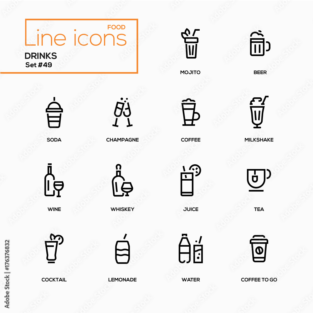 Food theme, alcohol and soft drinks - line design icons set. Stock ...