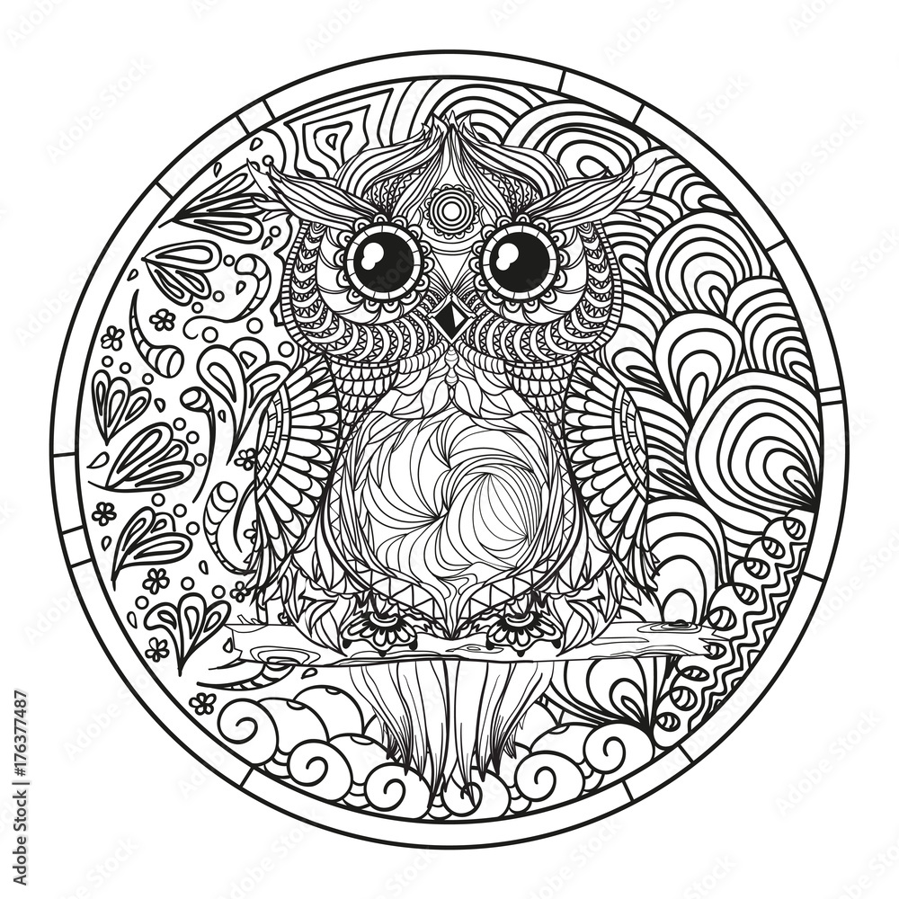 Mandala. Owl. Zentangle. Hand drawn circle zendala with abstract ...