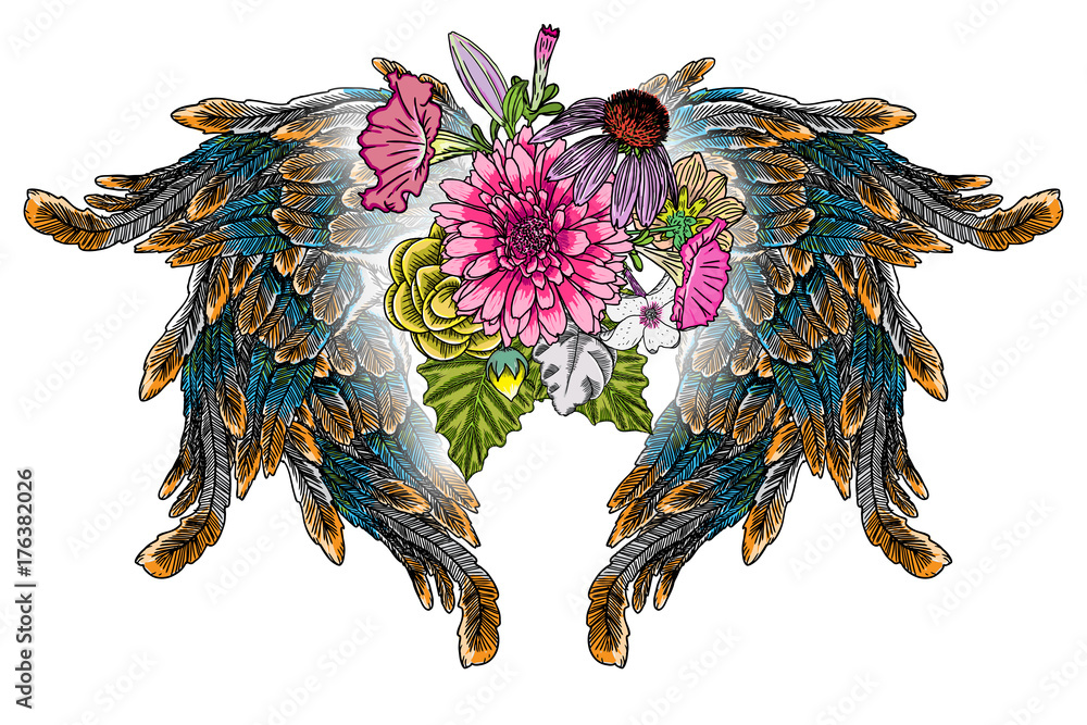 Ornate fashioned wings and elegant vintage flower bouquet, isolated ...