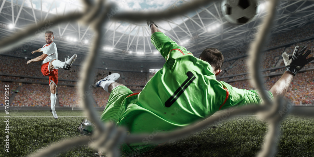 Soccer player scores the ball into the goal on professional stadium ...