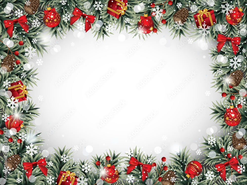 Decorative Christmas Frame with Ornaments, Pine Cones, Fir Branches and ...