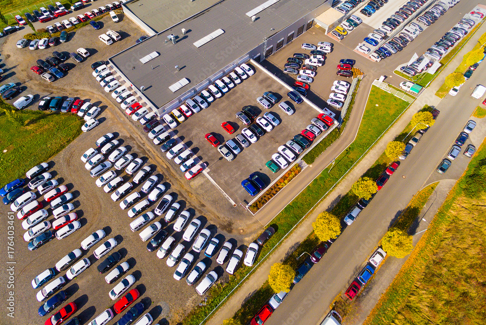 Aerial view of parking lot with cars. Industrial background on ...