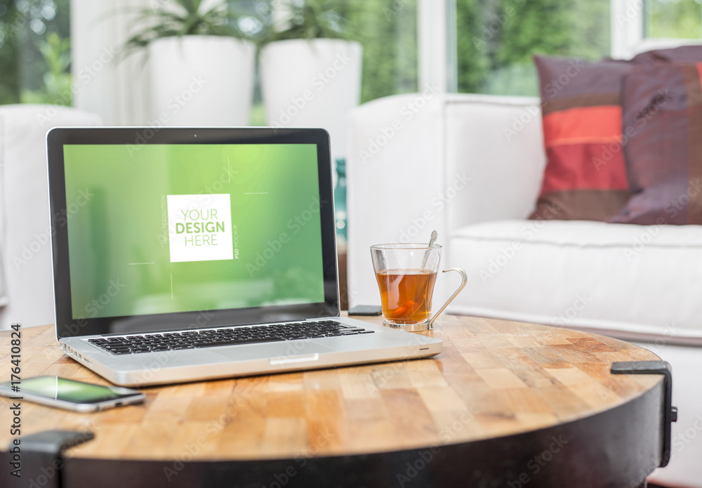 Laptop and Smartphone on Wooden Table Mockup 1 Stock Template | Adobe Stock