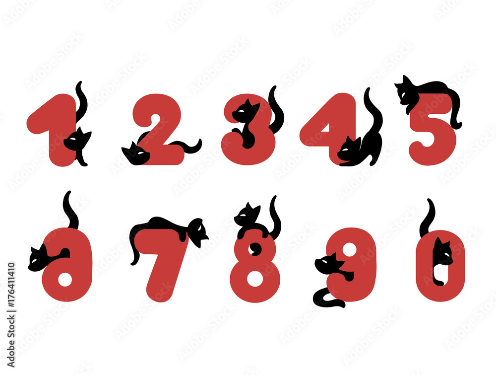 Set of funny alphabet number with characters cats from 0 to 9. Cartoon ...