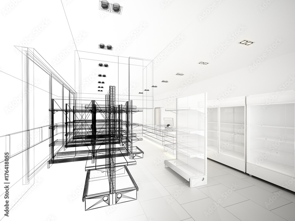 sketch design of supermarket ,3d rendering Stock Illustration | Adobe Stock