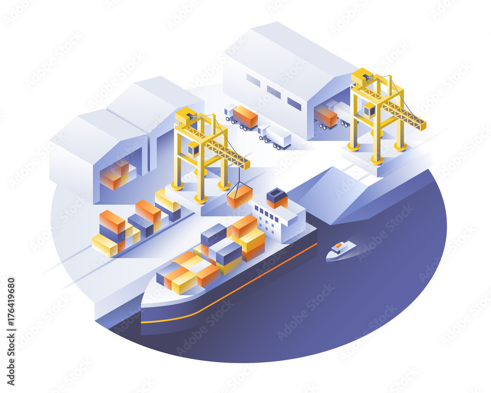 Delivery service concept. Container cargo ship loading, truck loader ...