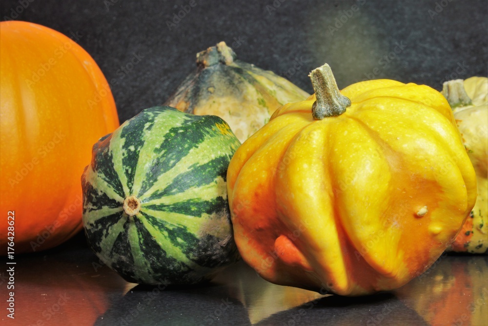 Still life of ornamental gourds in October as a background Stock Photo ...
