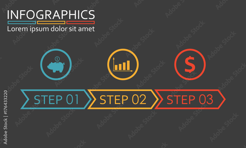 3 steps, options, stages or levels. Step by step infographics template ...