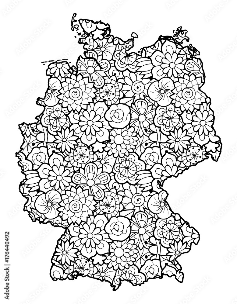 Map of Germany with flowers. Black and white vector illustration ...