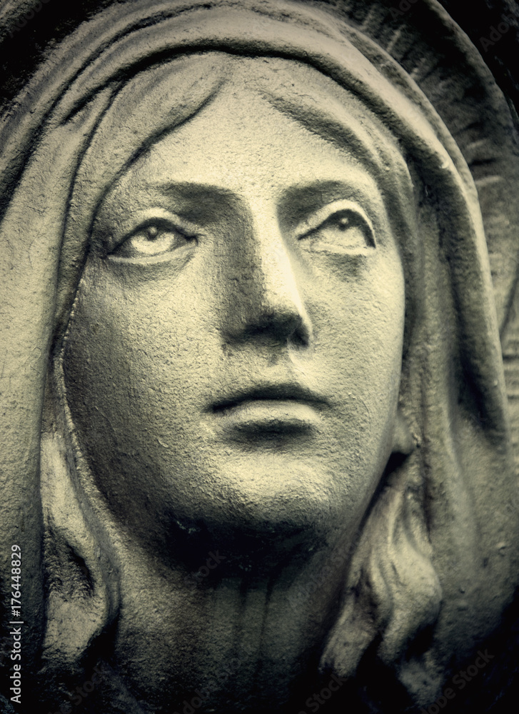 Virgin Mary statue. Vintage sculpture of sad woman in grief (Religion ...