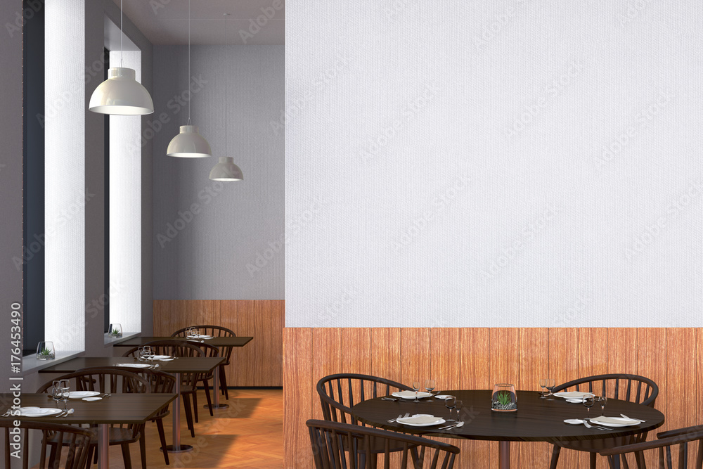 Modern restaurant interior with served tables and blank poster Stock ...