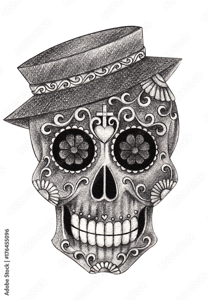 Art Sugar Skull Day of the dead. Hand pencil drawing on paper. Stock ...