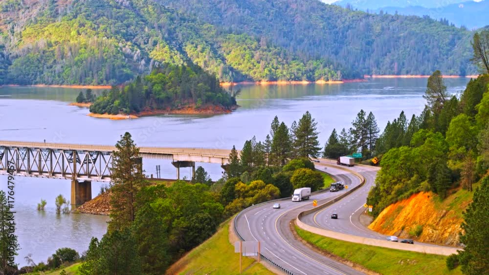 Vehicles driving on Pit River Bridge double deck road and rail bridge ...