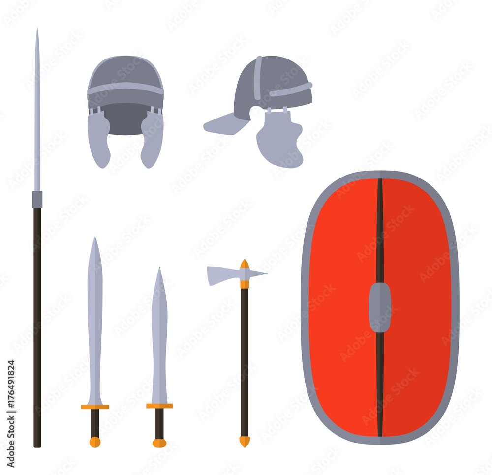 Set of ancient roman weapon and protective equipment. Spear, sword ...