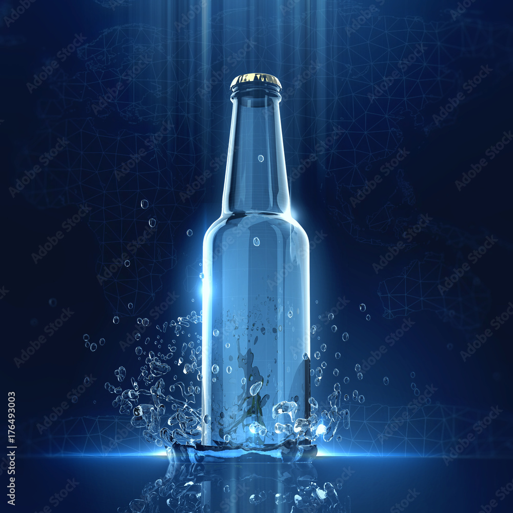 Dark blue background with gowing beer bottle and crystal clear water ...