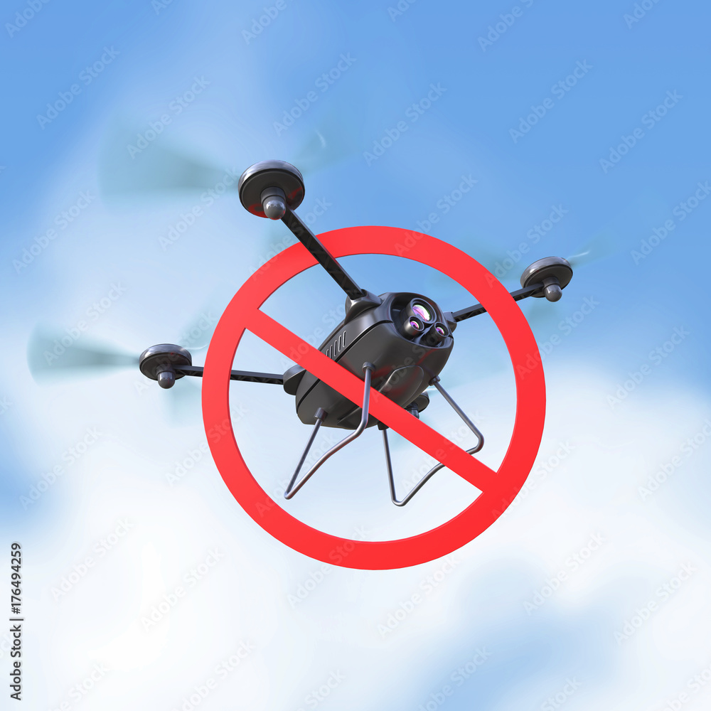 No drones sign. restricted fly zone, realistic 3d camera Drone hovering ...