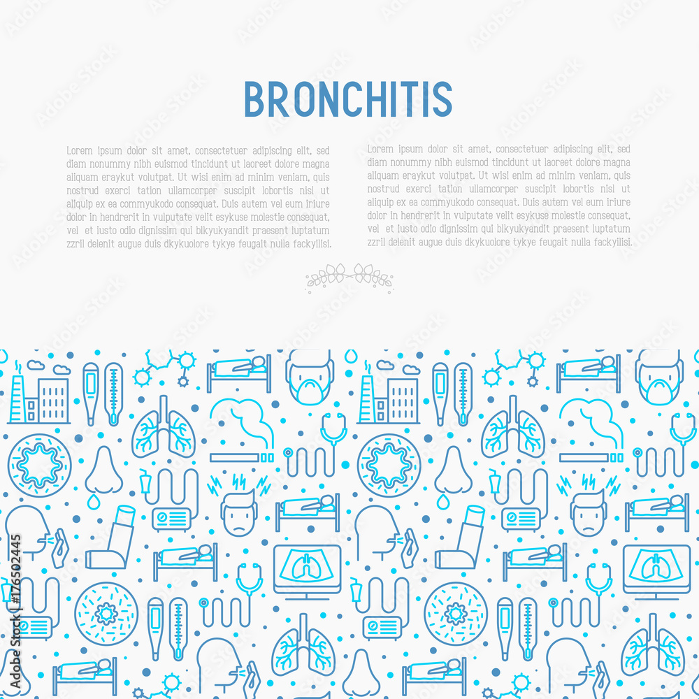 Bronchitis concept with thin line icons of symptoms and treatments ...
