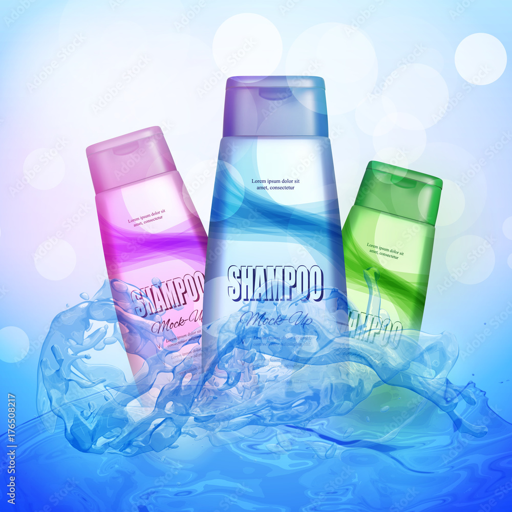 Realistic Shampoo bottle on the water background with water splash. 3D ...