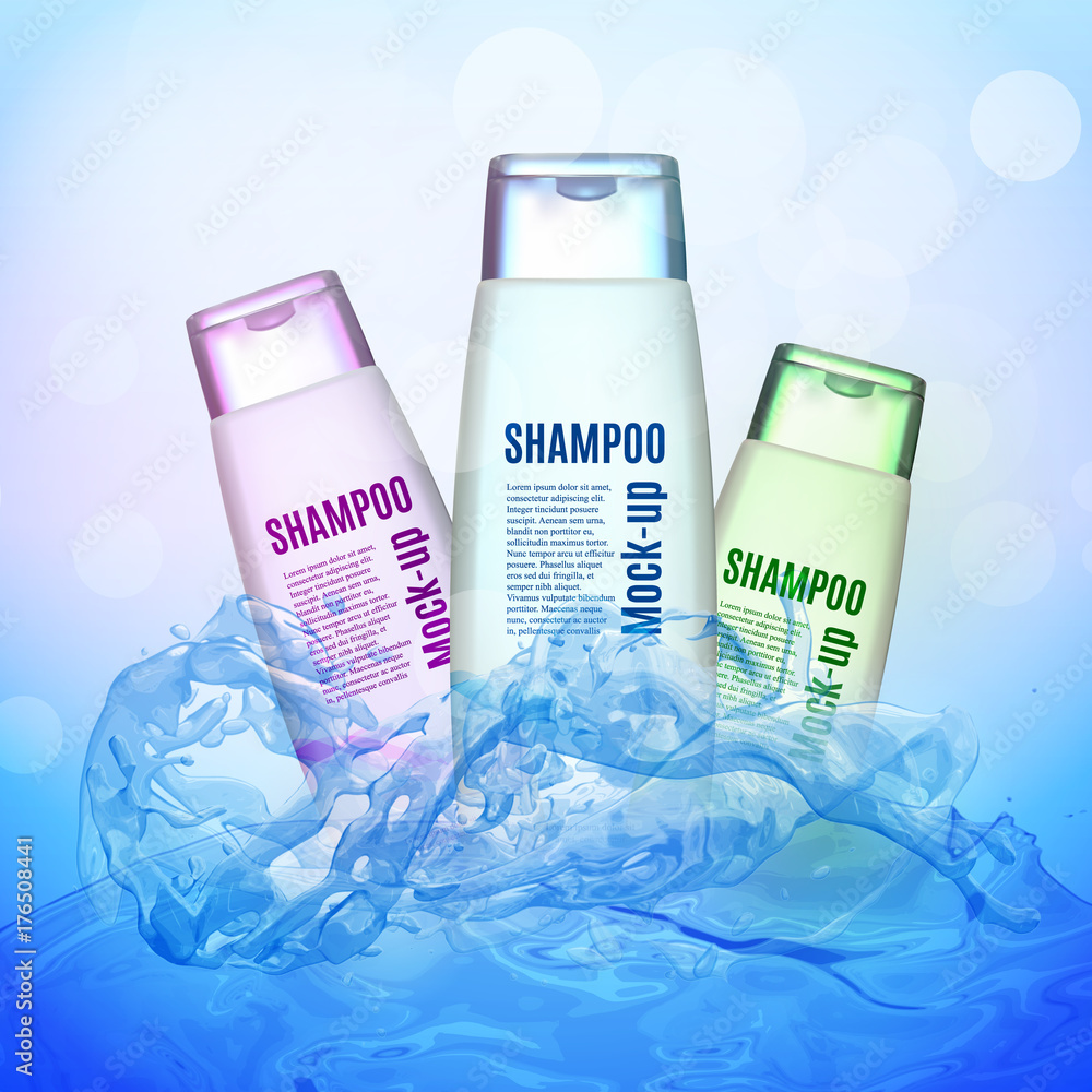 Realistic Shampoo bottle on the water background with water splash. 3D ...