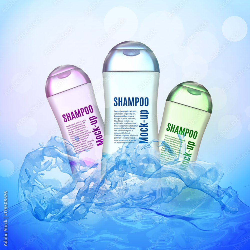 Realistic Shampoo bottle on the water background with water splash. 3D ...