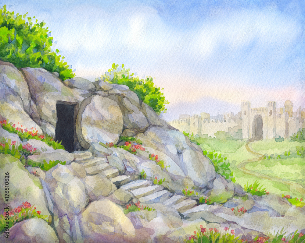 Open empty tomb. Watercolor painting Stock Photo | Adobe Stock