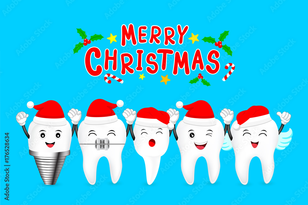 Happy cute cartoon tooth characters with Santa hat. Dental care concept ...