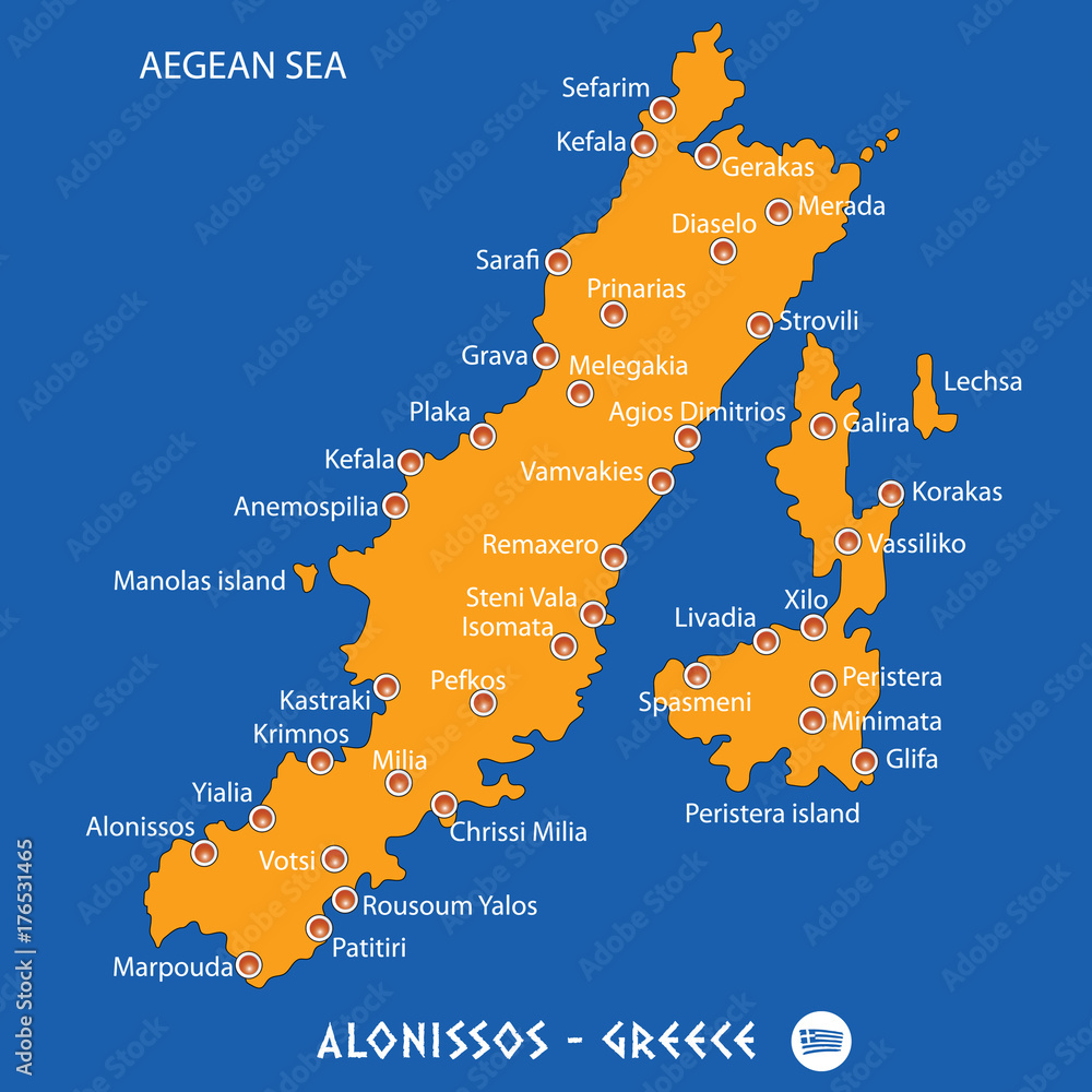 Island of alonissos in Greece orange map and blue background Stock ...