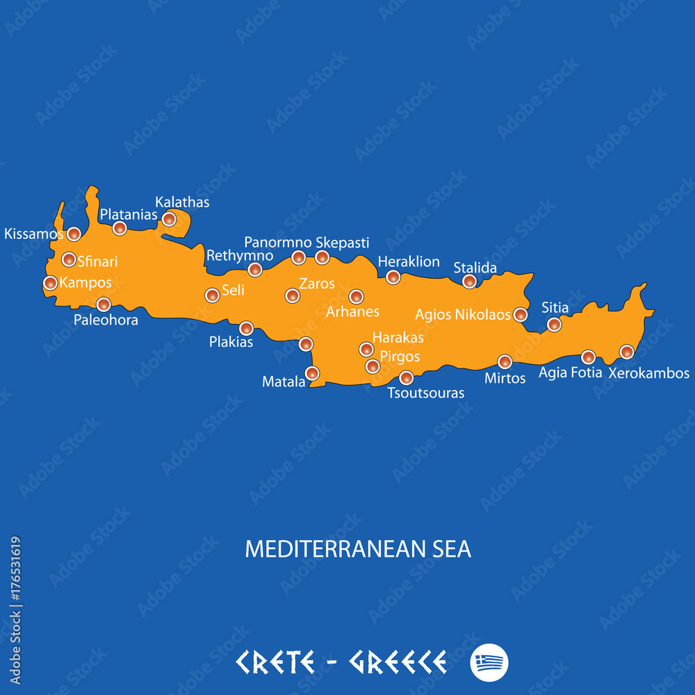 Island of crete in Greece orange map and blue background Stock Vector ...