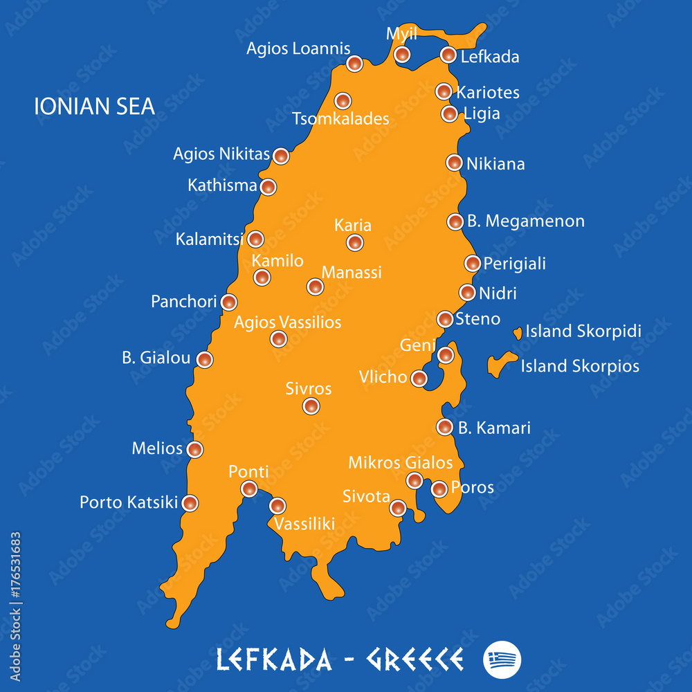 Island of lefkada in Greece orange map and blue background Stock Vector ...