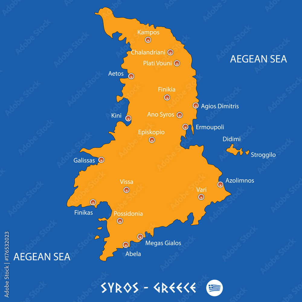 Island of syros in Greece orange map and blue background Stock Vector ...