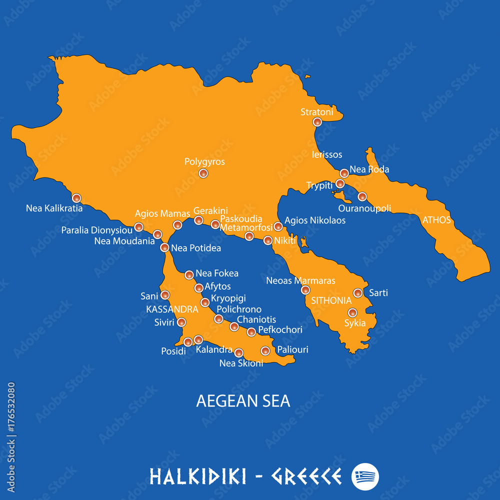peninsula of halkidiki in Greece orange map and blue background Stock ...