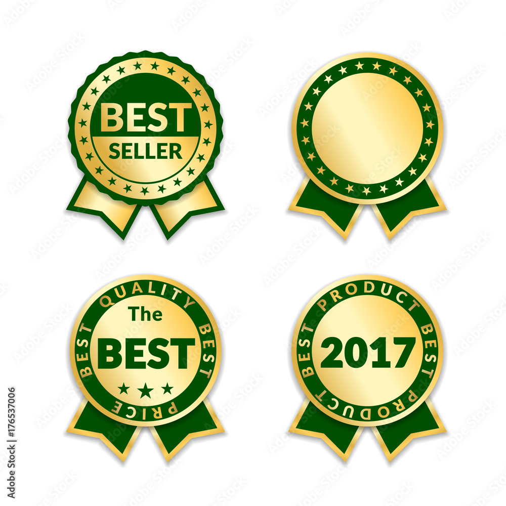 Ribbon awards best seller of year 2017 set. Gold ribbon award icons ...