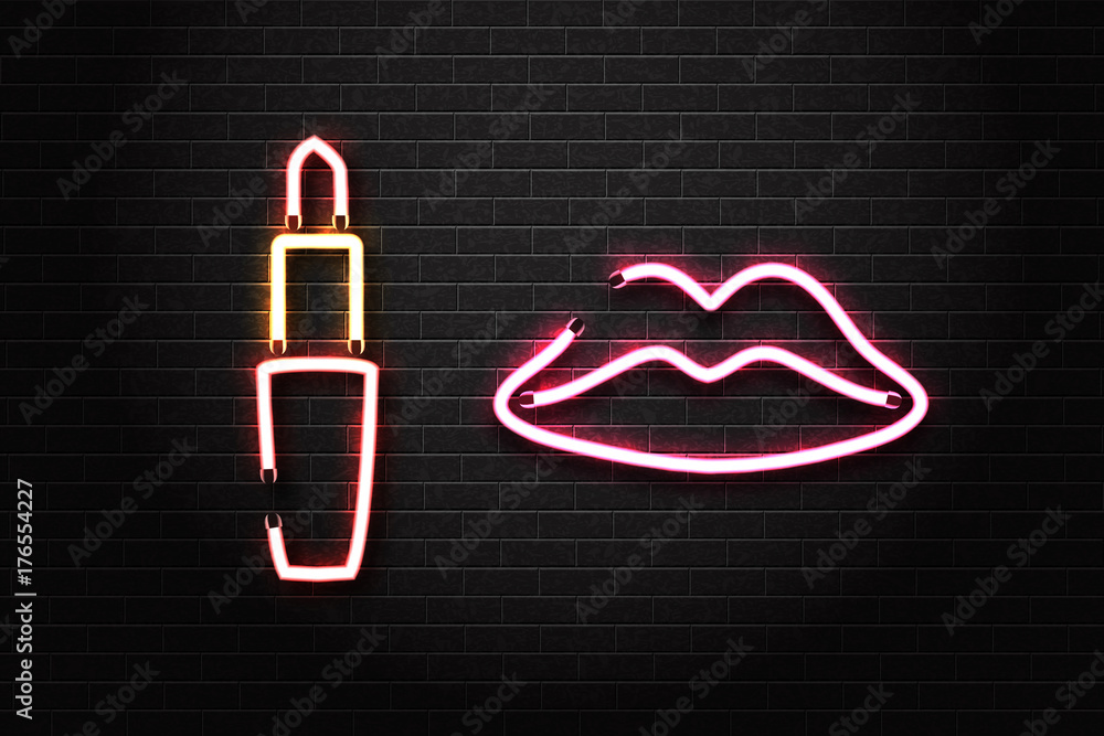 Vector realistic isolated neon retro signs of lipstick and lips for ...