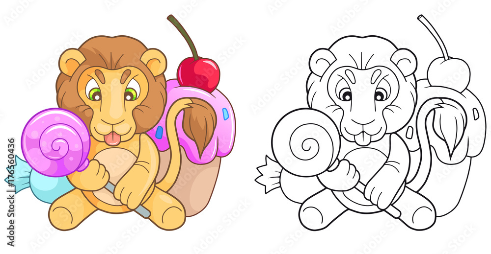 Illustrazione Stock cartoon cute lion with candy | Adobe Stock