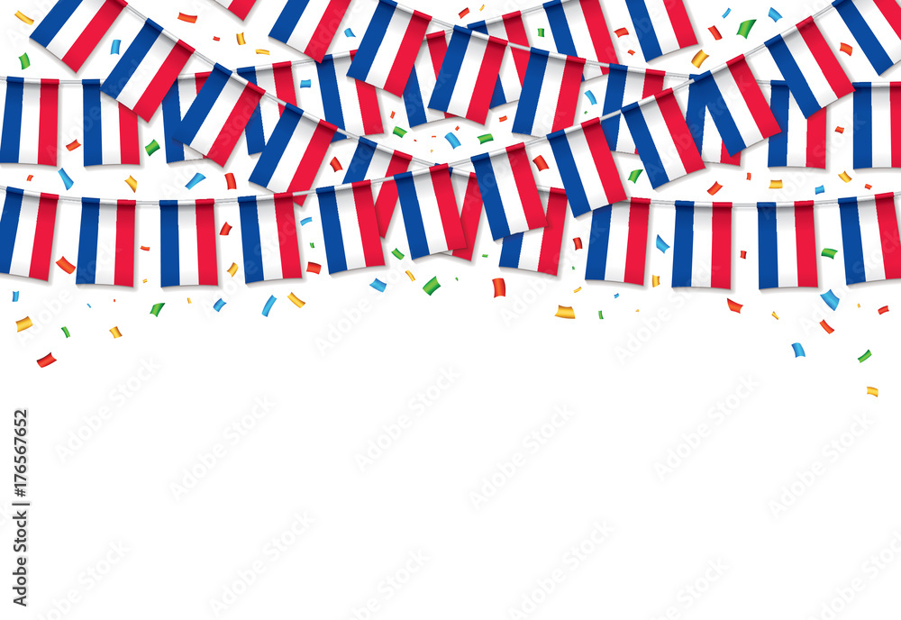 France flags garland white background with confetti, Hang bunting for ...