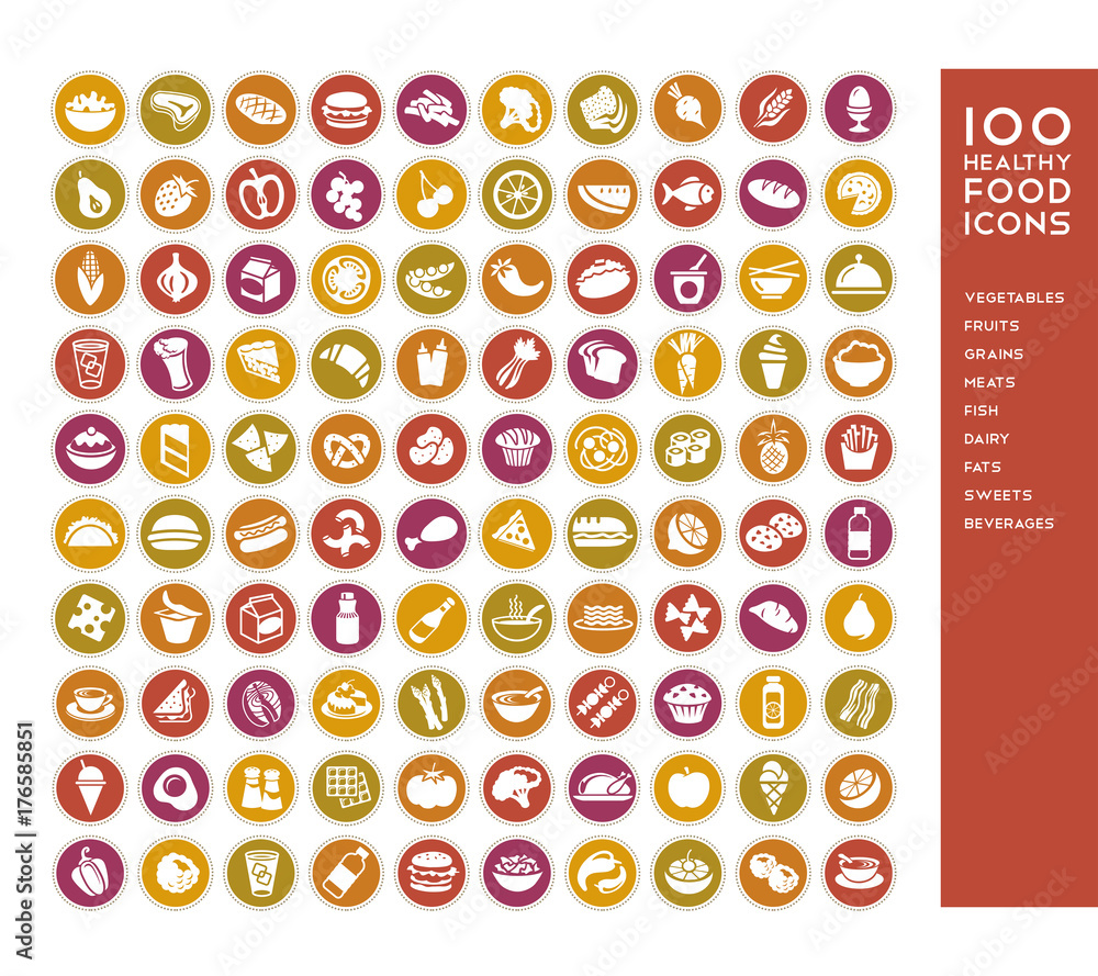 100 healthy food icons for menus, infographics, design elements. Vector ...