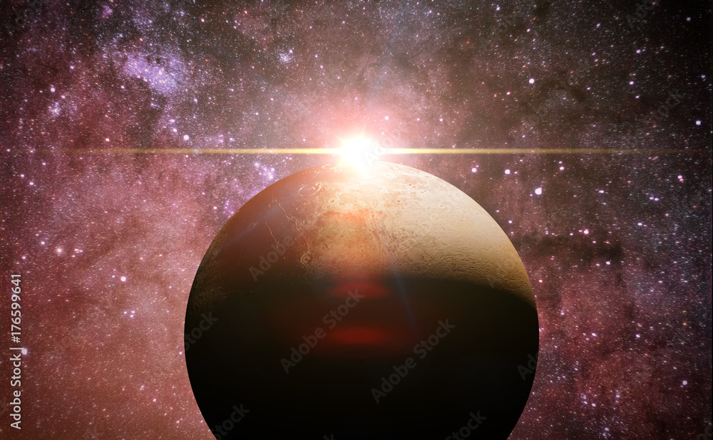 dwarf planet Pluto in front of the colorful Milky Way galaxy and the ...