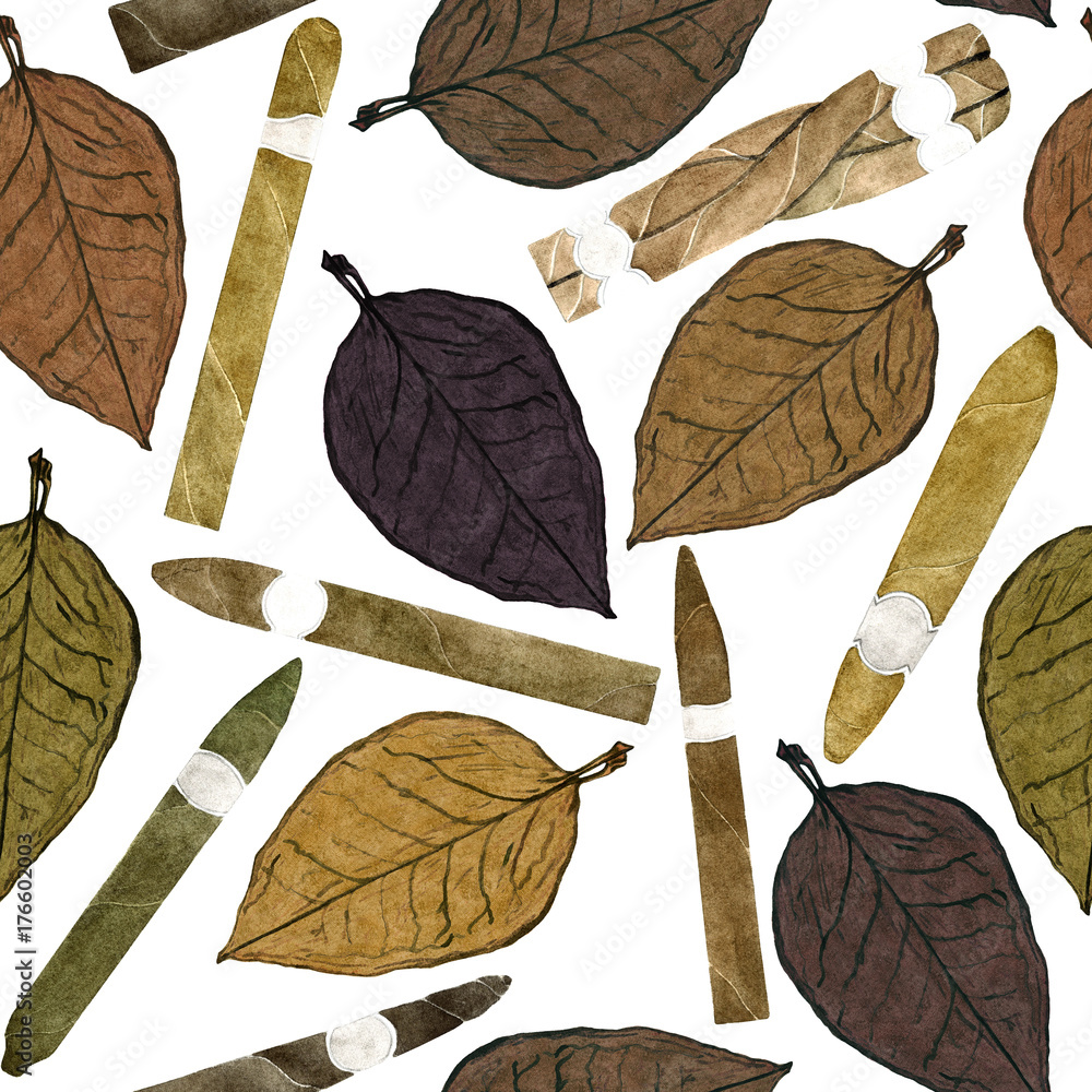 Cigars of different shapes and colors with tobacco leaf, hand painted ...