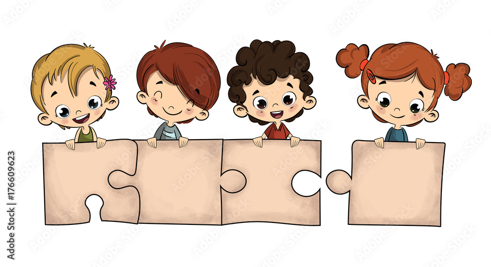 Niños sujetando un puzle colaborando ilustración de Stock | Adobe Stock