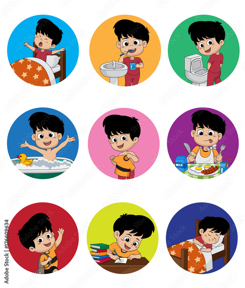 Set of daily cute boy.Boy wake up,brushing teeth,kid pee,taking a bath ...